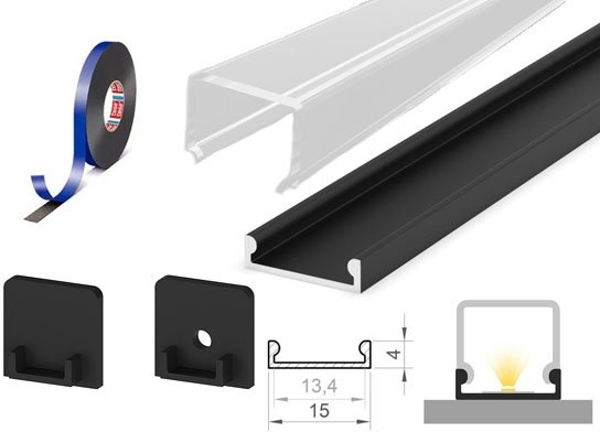 15mm x 4mm (1 Metre) Surface Black Aluminium LED Profile Kit P4-3 C/W ...
