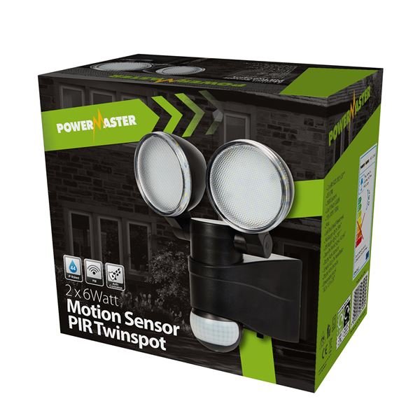 6 Watt Black LED PIR Twin Spotlight