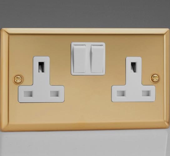 2-Gang Double Pole Victorian Brass Socket White