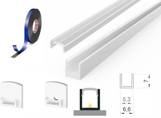 6.6mm x 7mm (1 Metre) Surface White LED Profile Kit P4-4 C/W Tape, End ...
